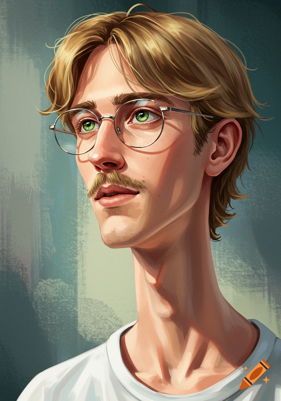 Close-up portrait of a young man with short brown hair, green eyes, and ...