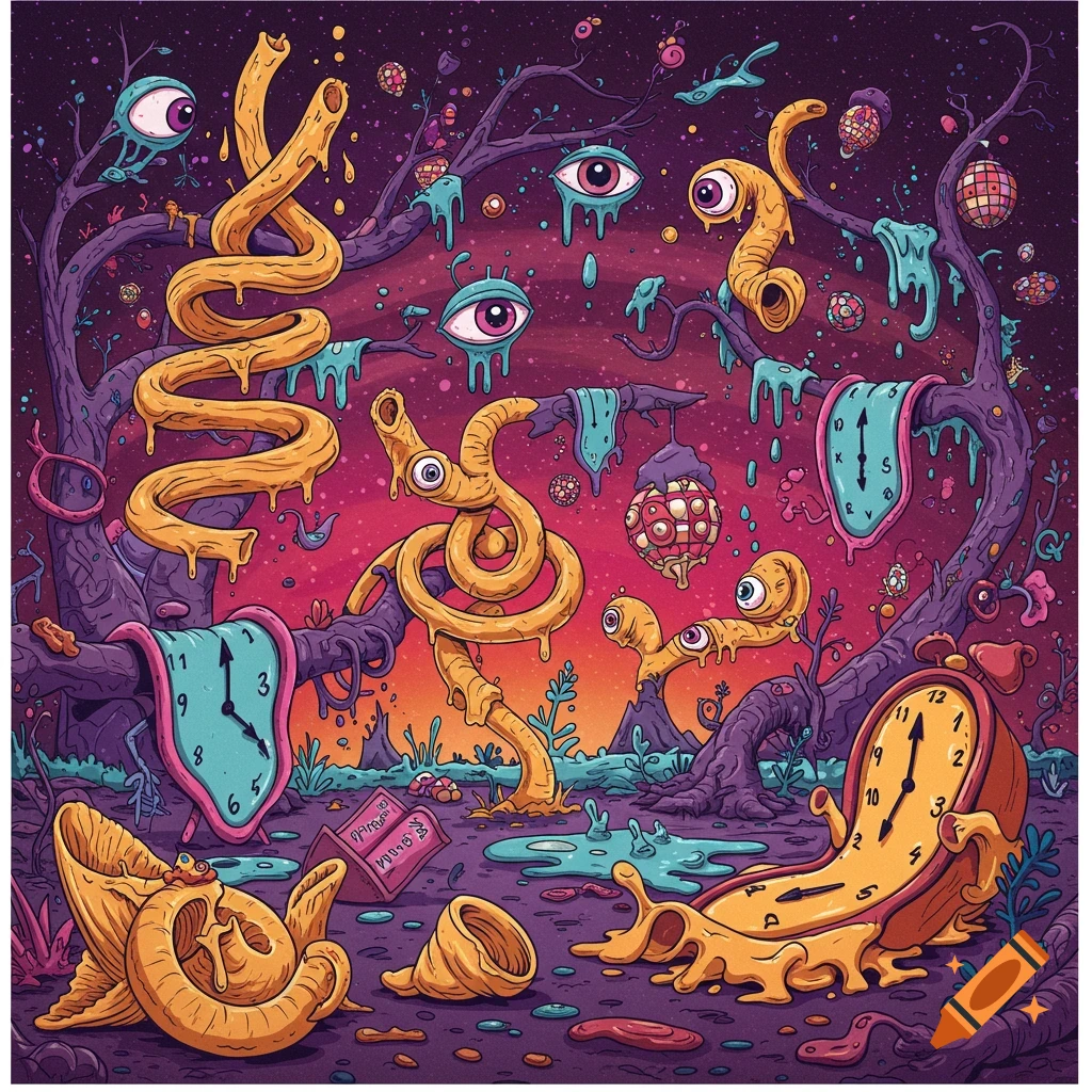 Colorful, surreal creature with multiple faces, eyes, and limbs ...