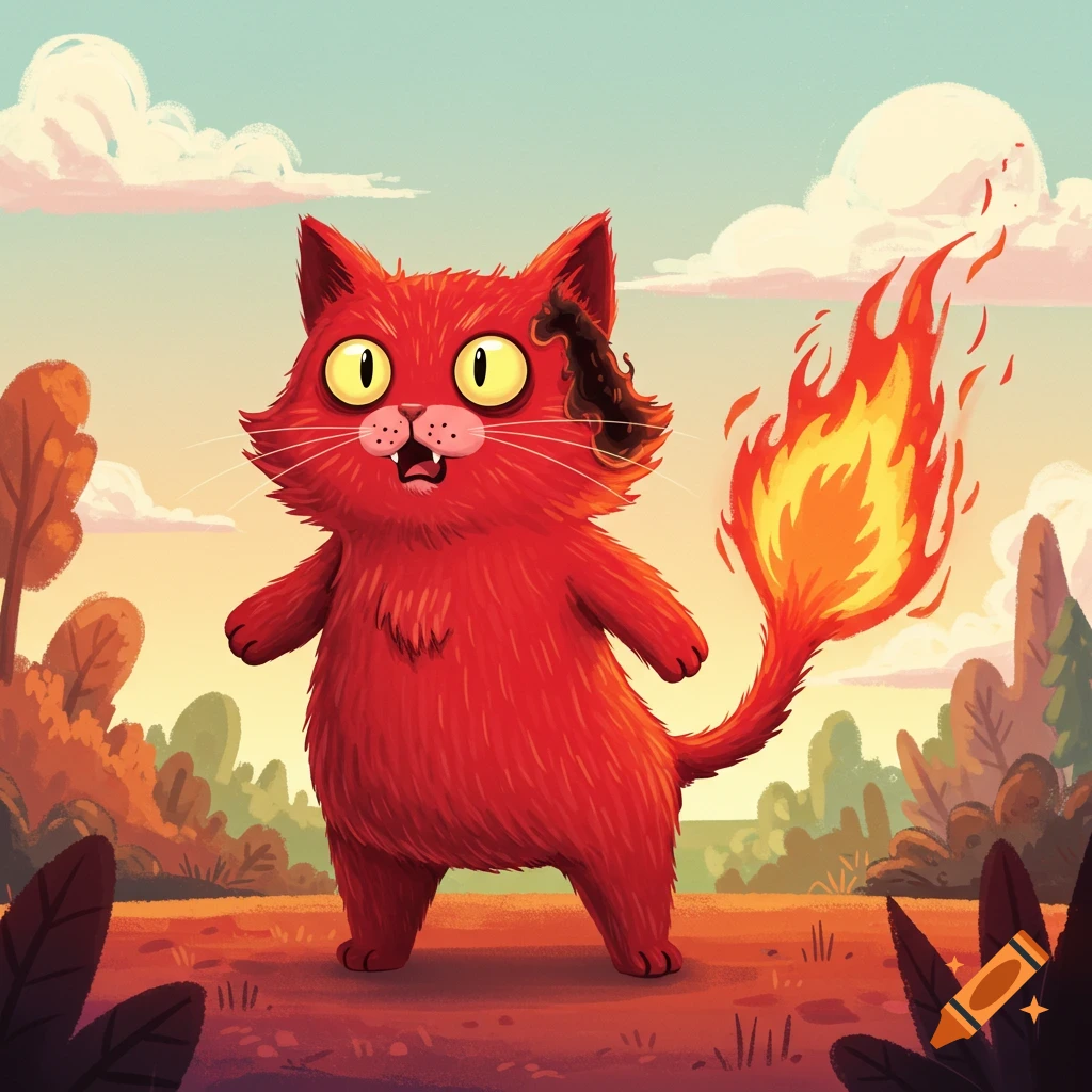 A red cartoon cat with a fiery tail and a burnt patch on its head ...