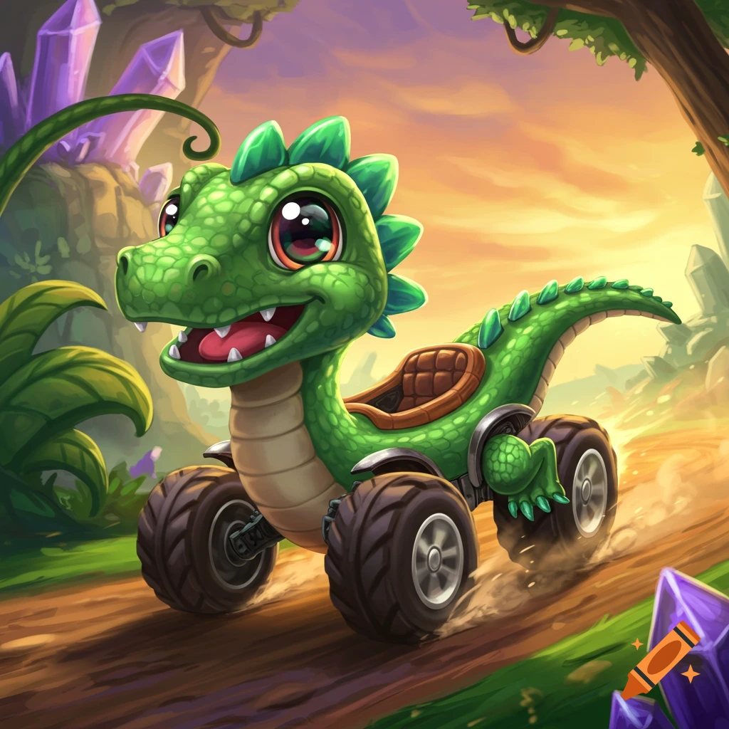 A smiling, cute cartoon green dinosaur-like creature on monster truck ...