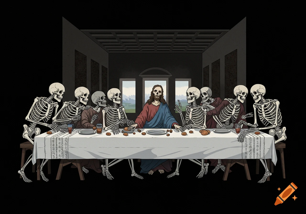 Jesus with a skeletal face sits at a table with twelve skeletons in a ...