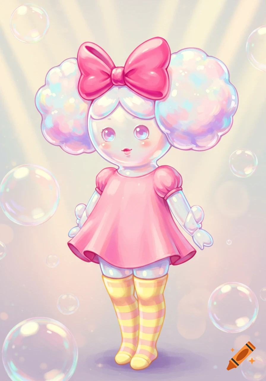 Cute cartoon character in blue dress surrounded by candy. on Craiyon