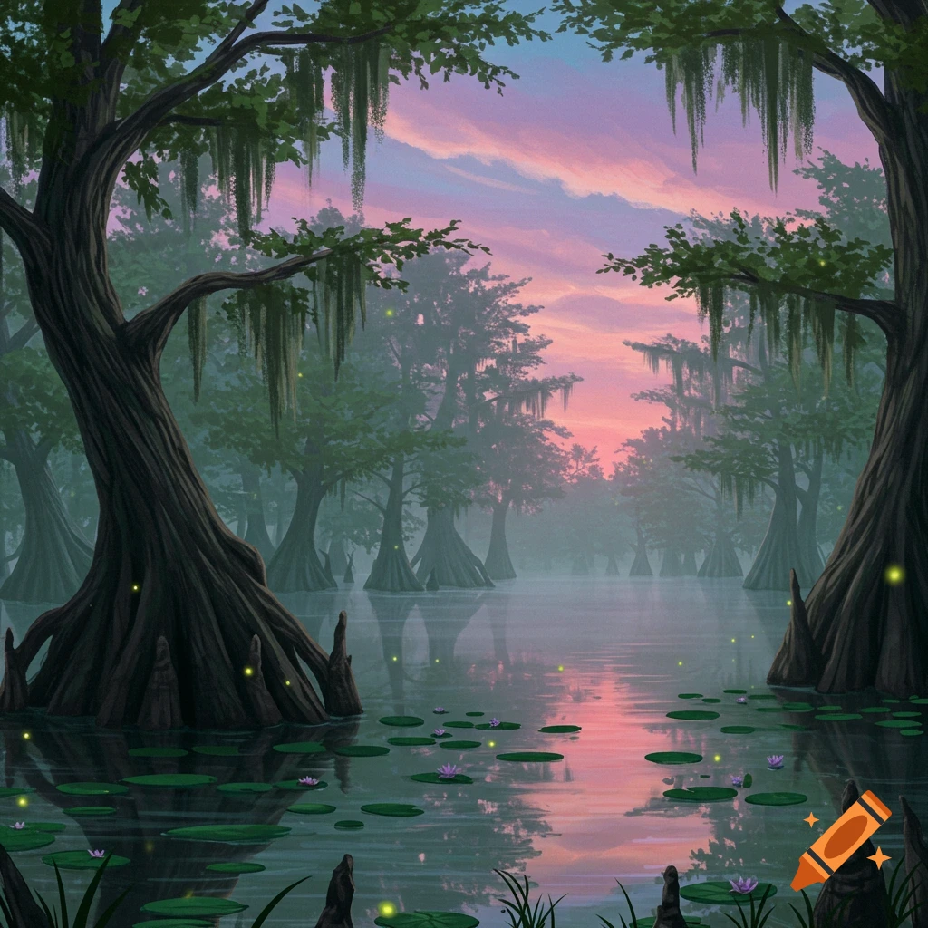 A vibrant swamp at sunset with large cypress trees, lily pads with ...