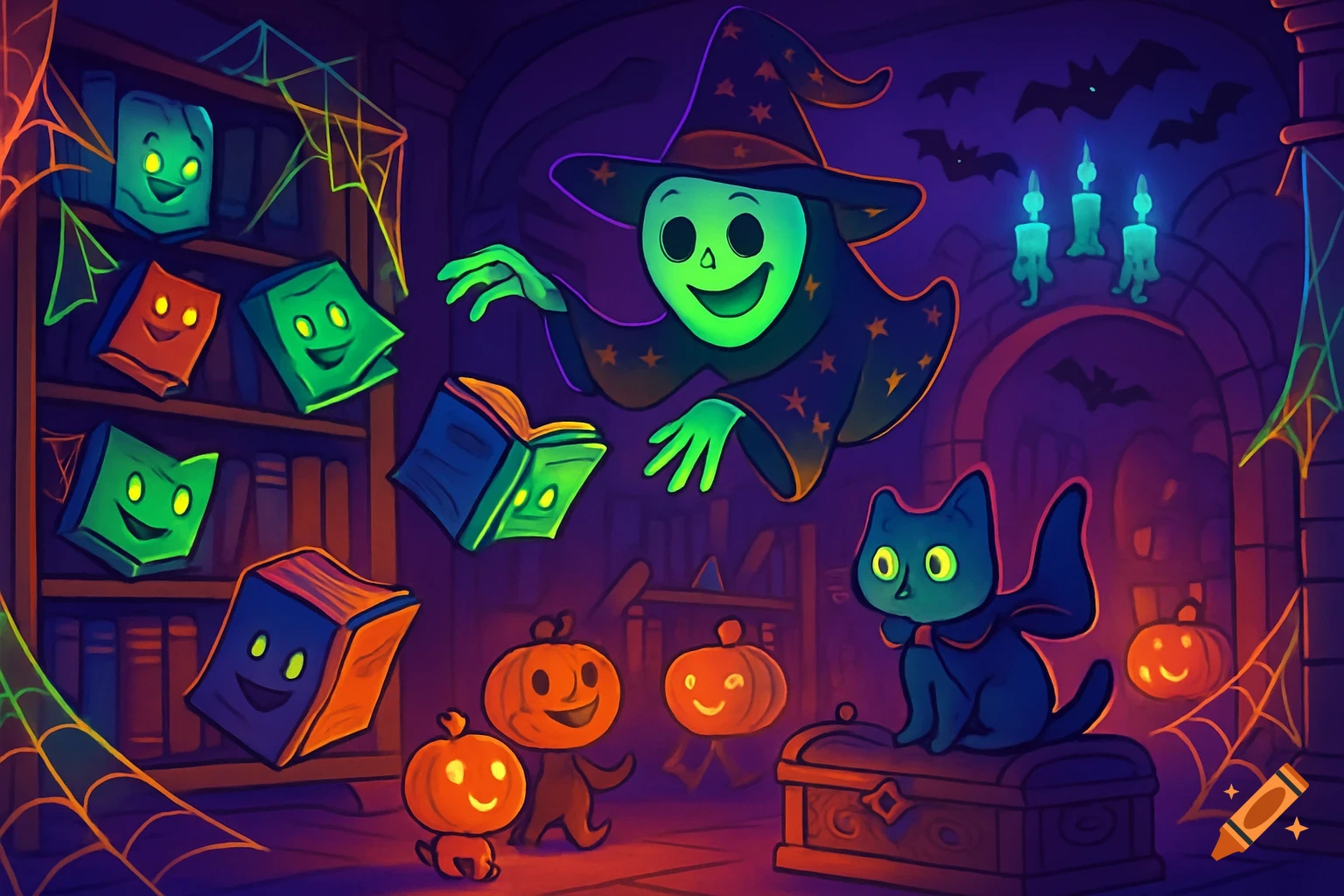 Whimsical cartoon Halloween library scene with a ghost-witch, black cat ...