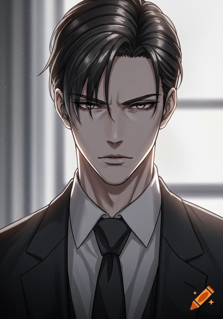 Anime portrait of a stern-looking man with dark hair and steely eyes ...