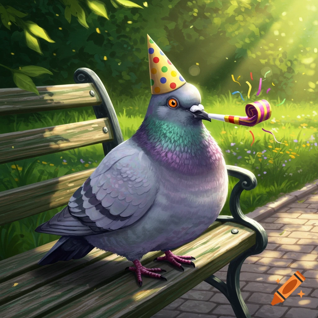 An illustration of a pigeon wearing a black top hat and a name tag ...