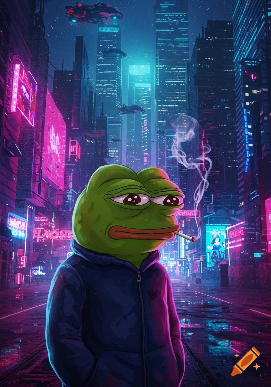 Pepe the frog smoking a cigarette in a dark, vibrant futuristic city ...