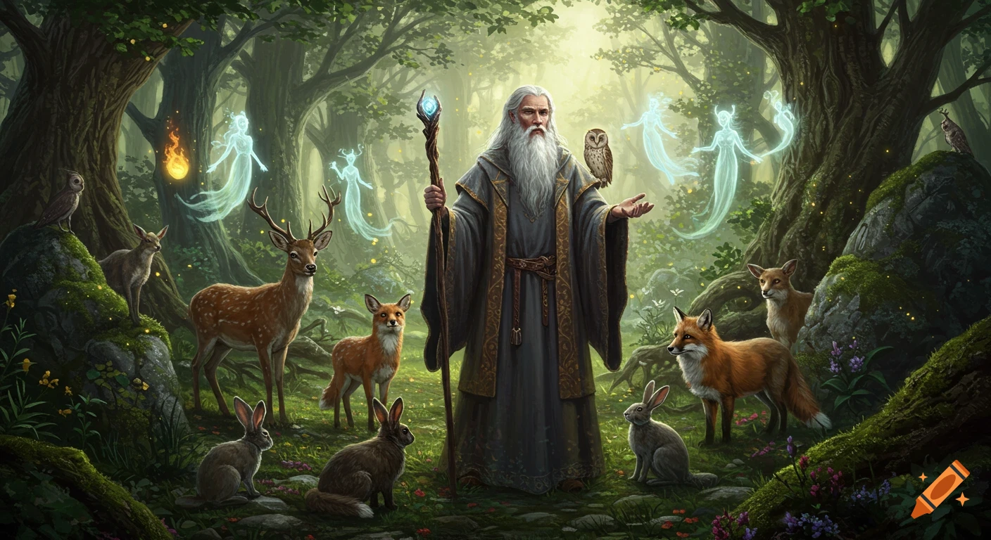 A wizard with a long beard and pointed hat walks through a magical ...