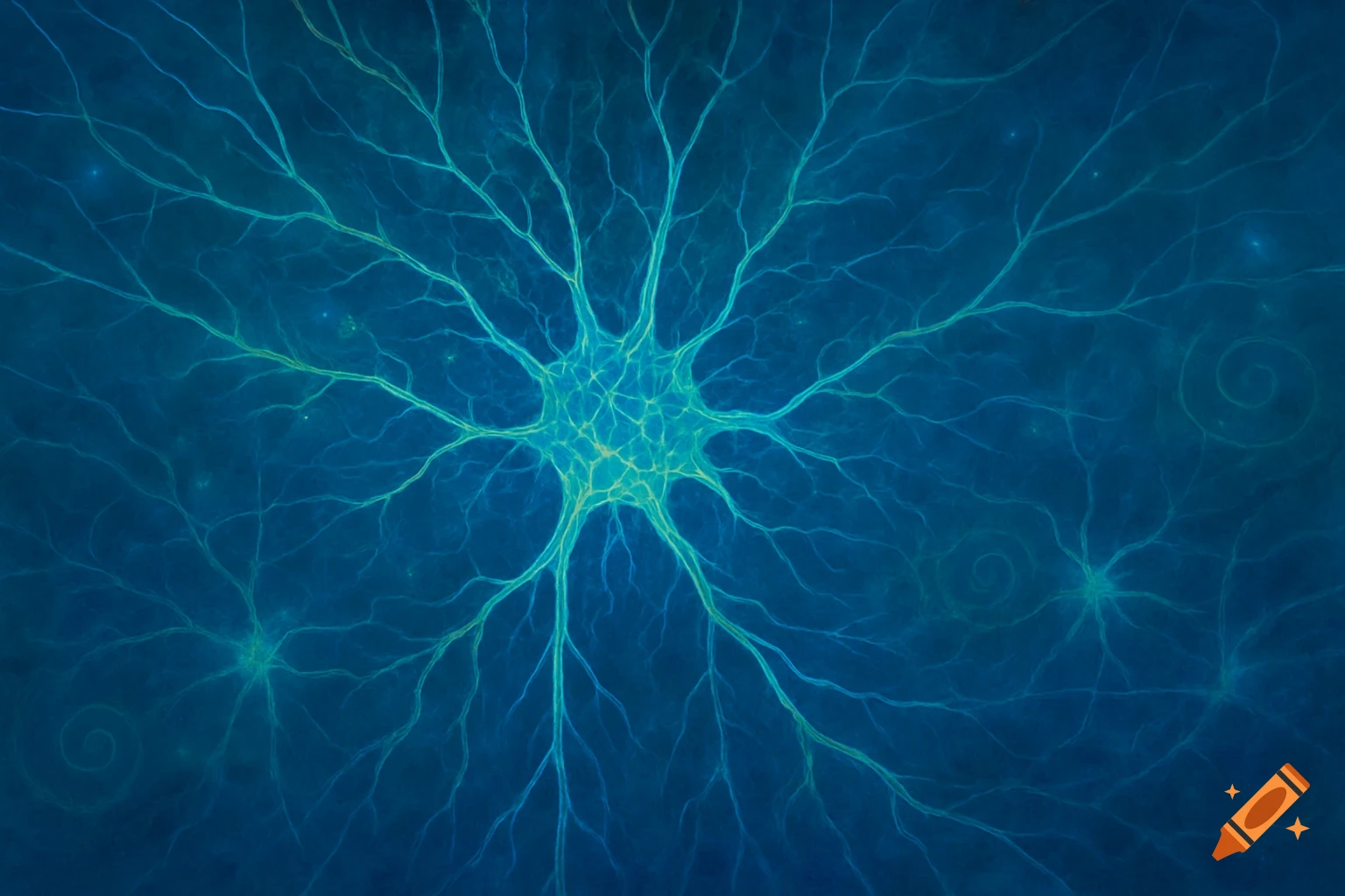 An abstract, glowing blue and teal neuron-like structure with intricate ...