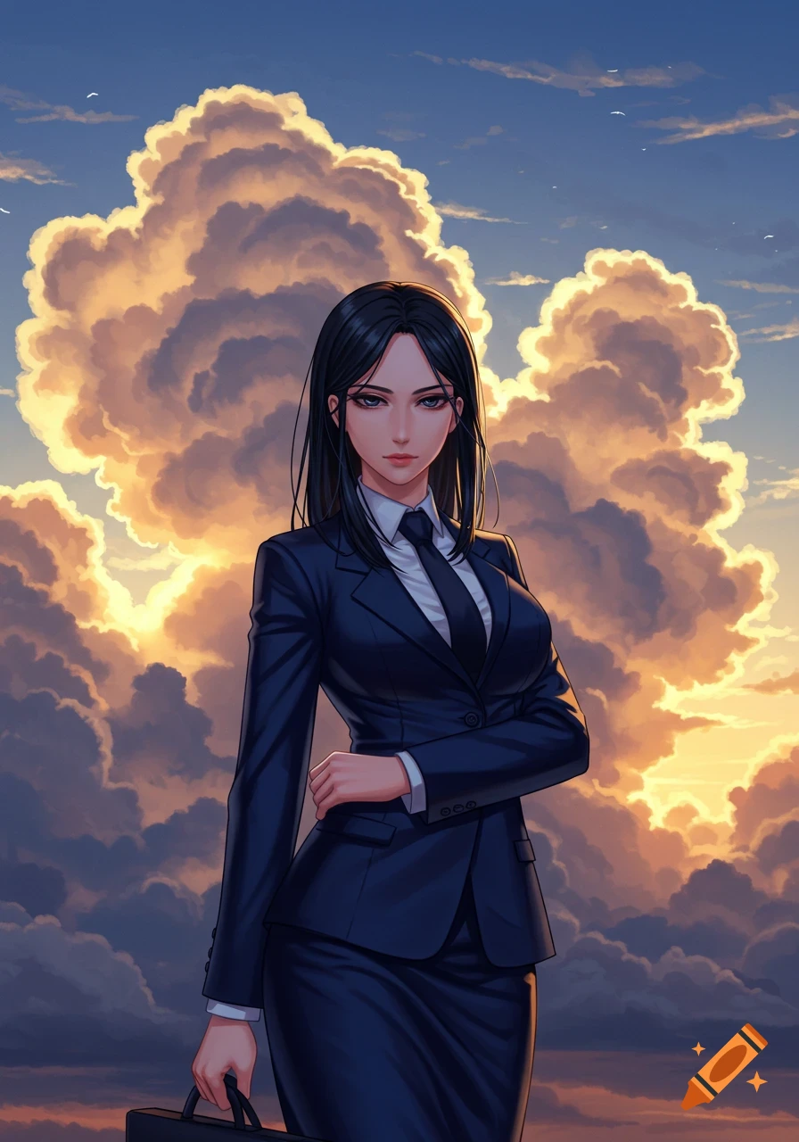 An anime woman in a dark business suit stands against a dramatic sunset ...