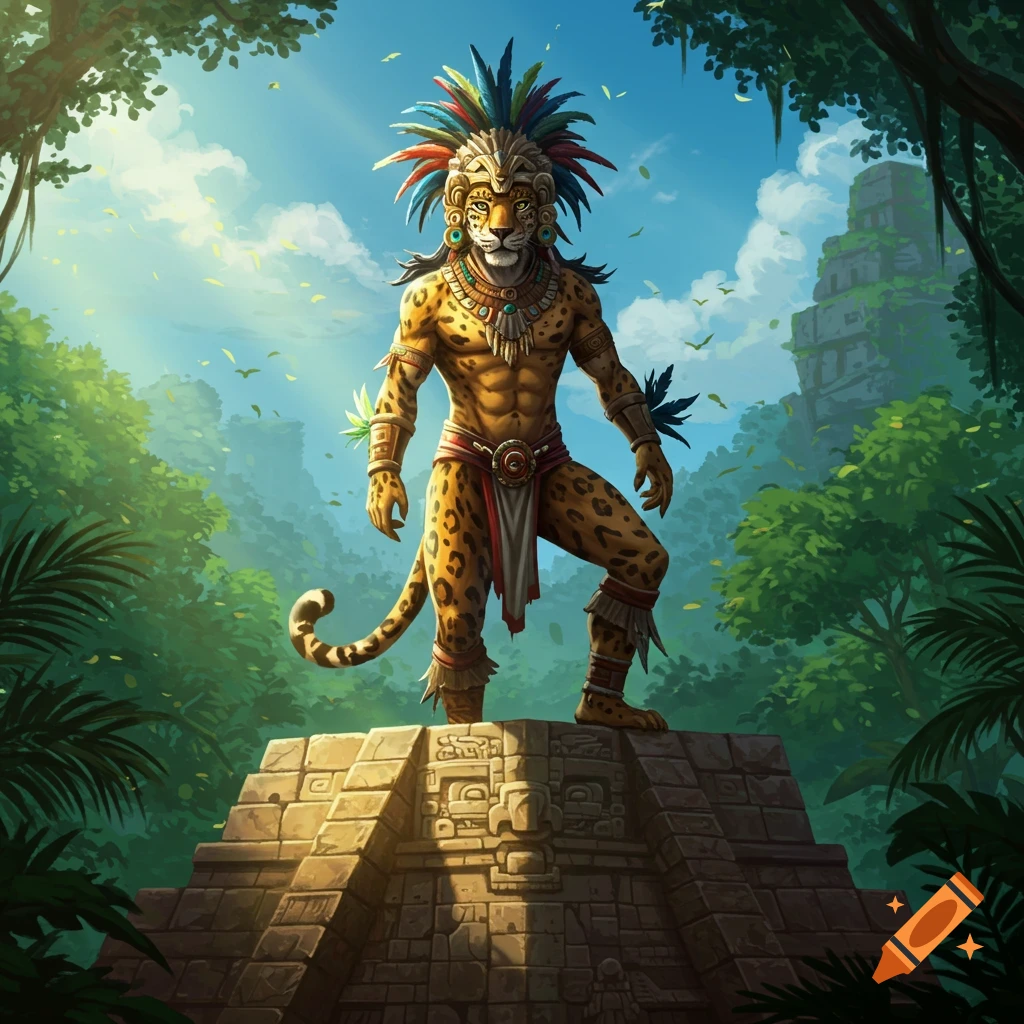 A stylized jaguar-headed Mayan warrior with a feathered headdress ...