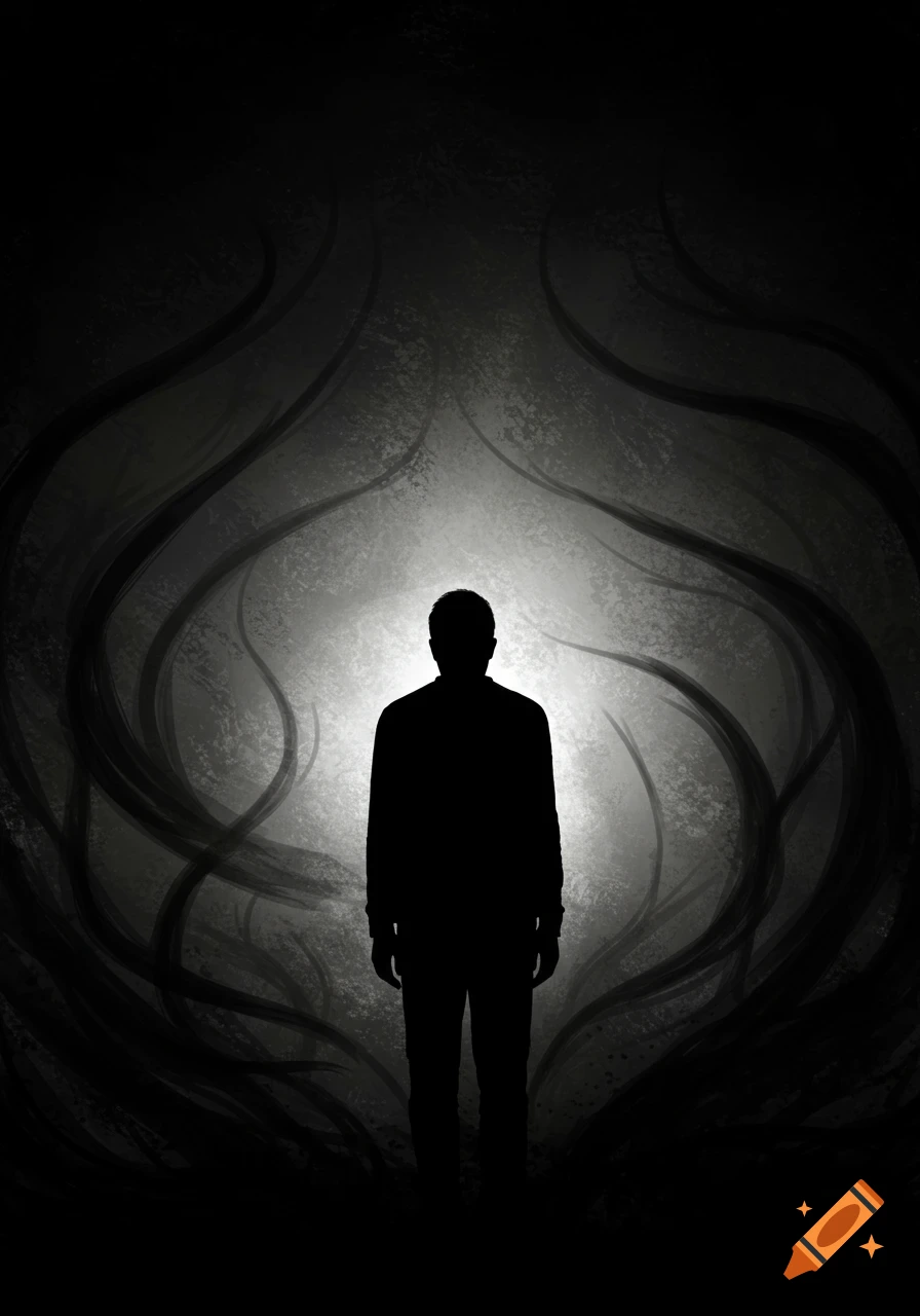 A lone silhouetted figure walks towards a blinding light at the end of ...