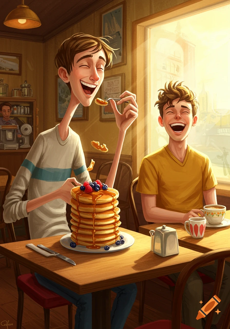 Two men at a cafe table with food, one looks surprised, the other ...