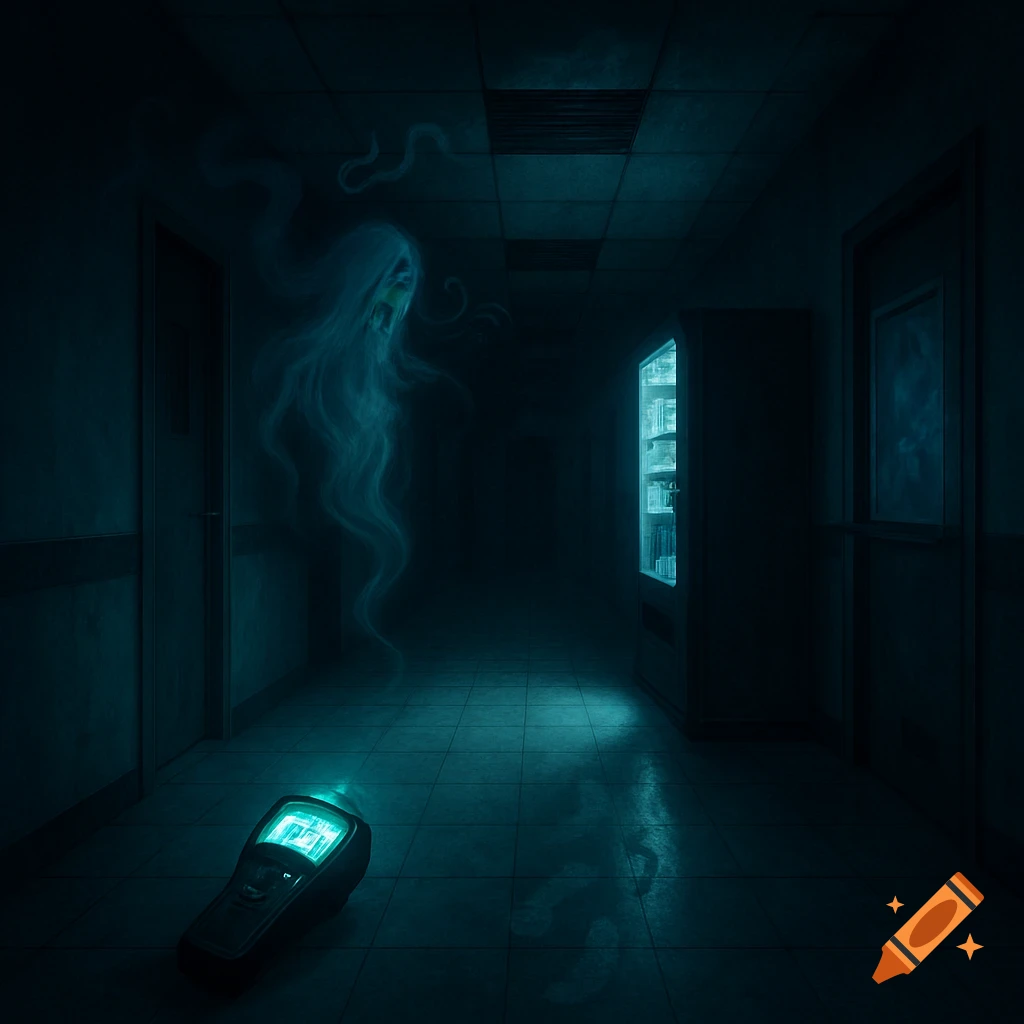 A dark, eerie hallway with a glowing blue ghost floating in the center ...