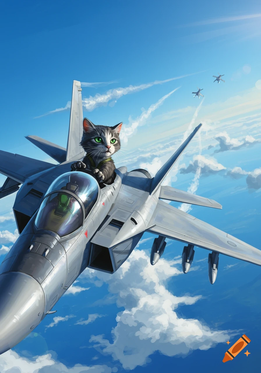 A gray tabby cat with green eyes pilots a fighter jet through a blue ...