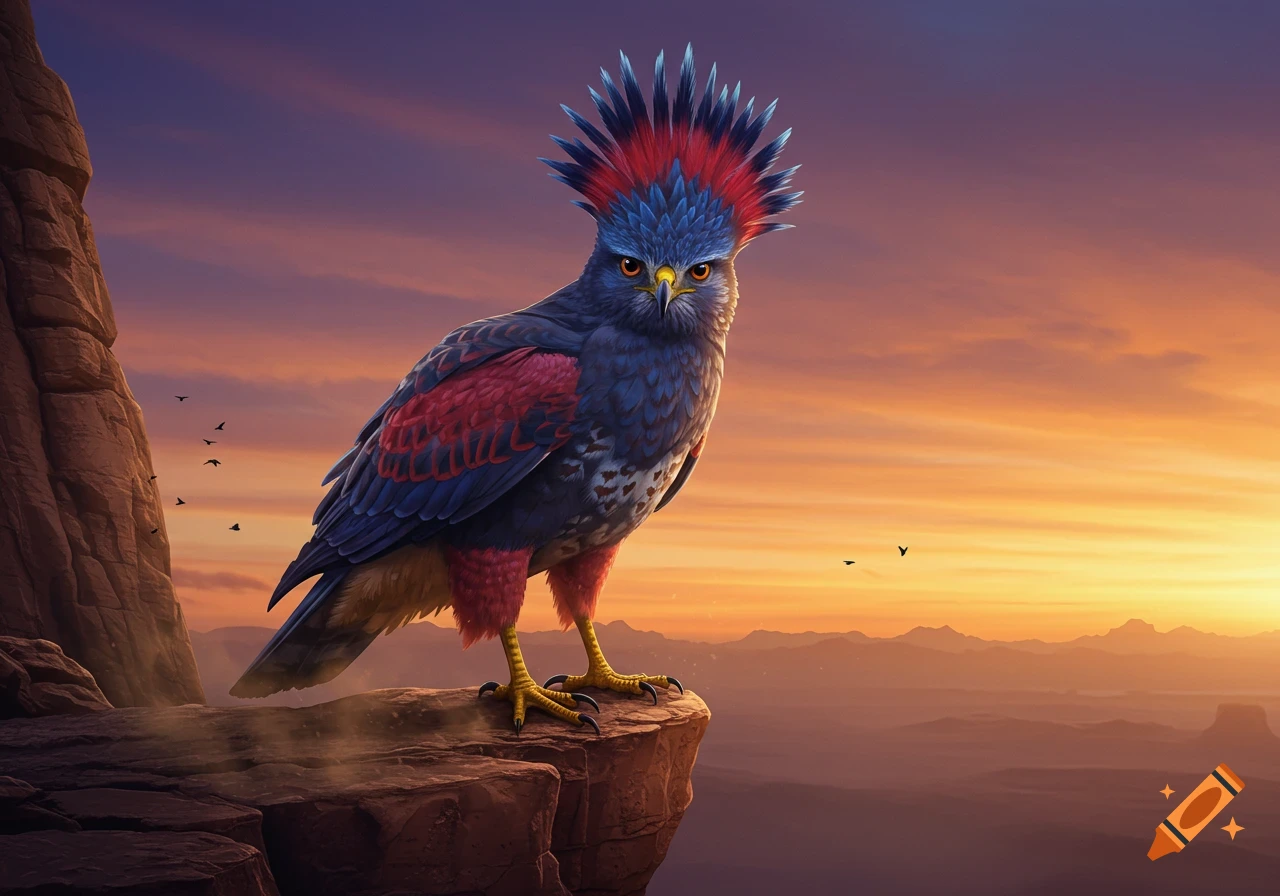 A colorful hawk with a vibrant red and blue mohawk stands majestically ...