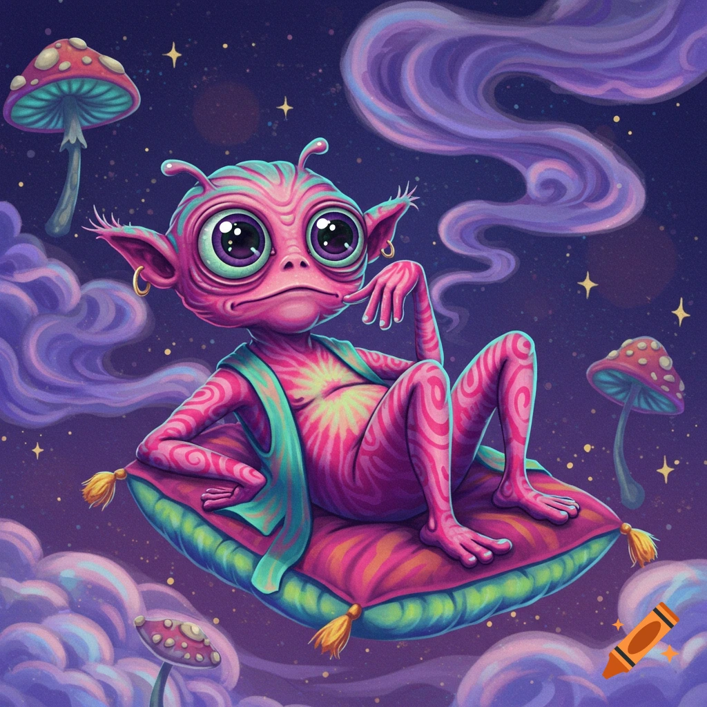 A pink, big-eyed alien creature with green clothing reclines on a magic ...