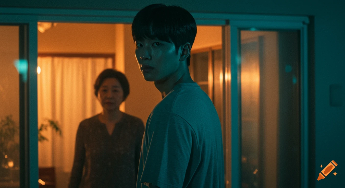 A young Korean man looks back over his shoulder, an older woman blurred ...