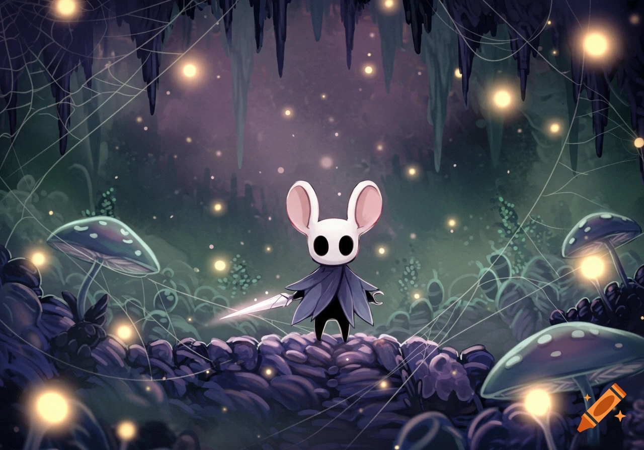 Stylized cartoon mouse knight with a glowing sword in a purple cave ...
