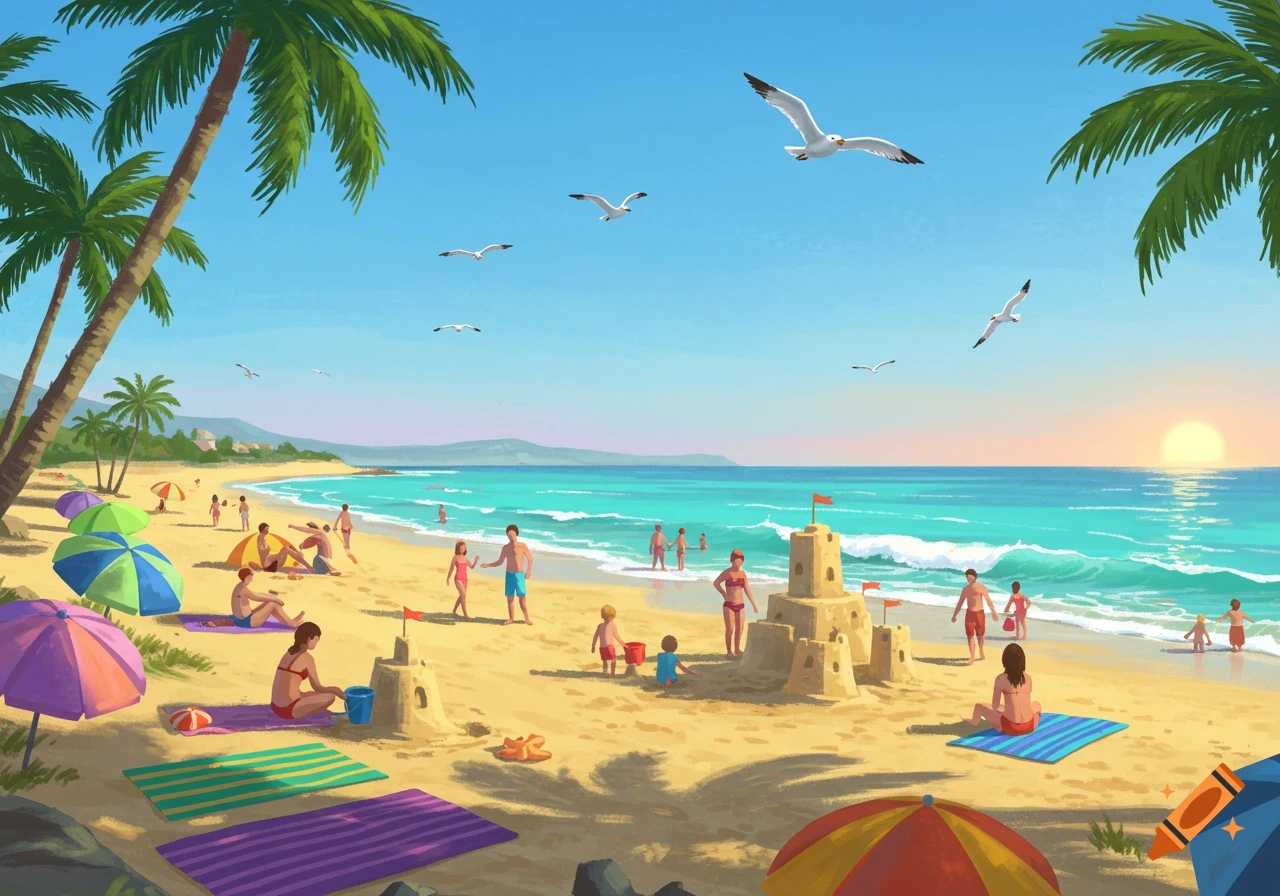 Overhead illustration of a sunny beach with people, showing diagrams of ...