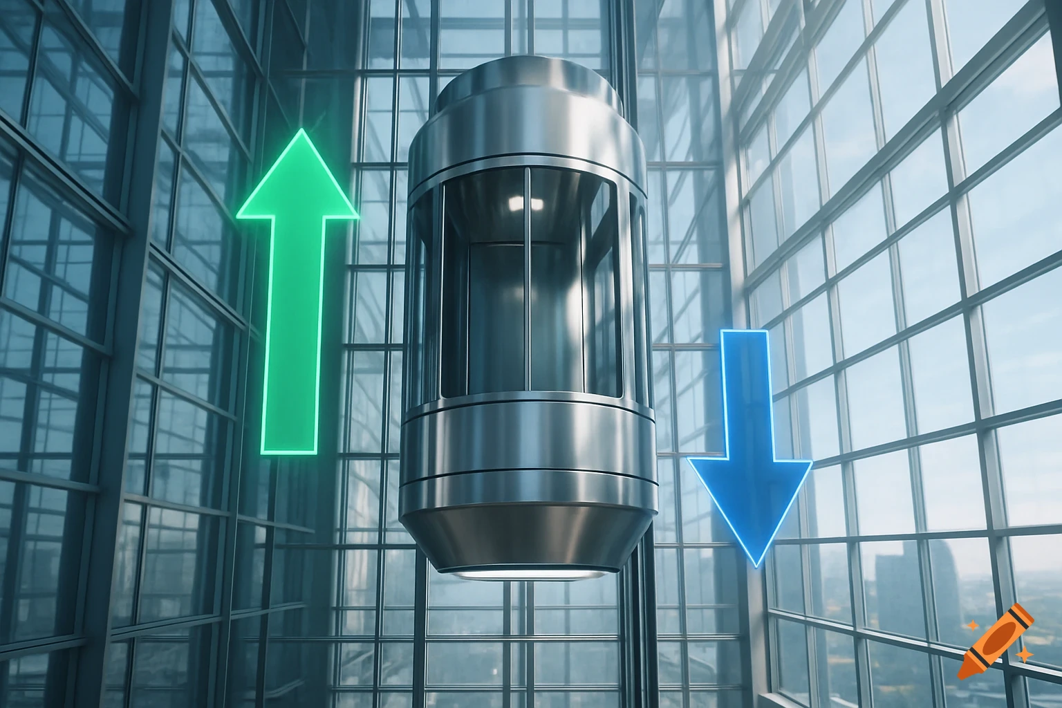 A glass elevator inside a modern building with windows, featuring a ...