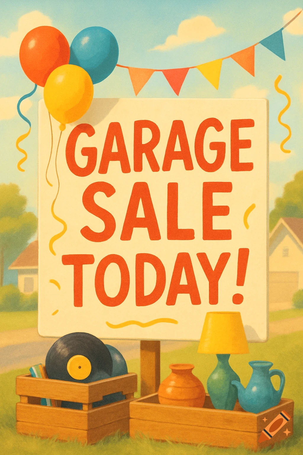 An illustration of a bright yellow garage sale sign with red text ...