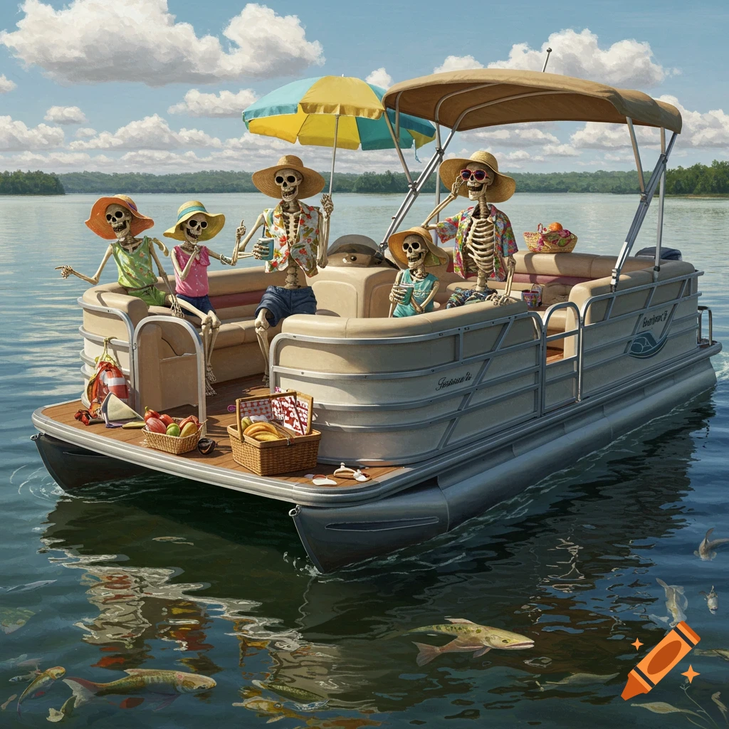 A spooky, realistic skeleton family in straw hats enjoys a sunny day on ...