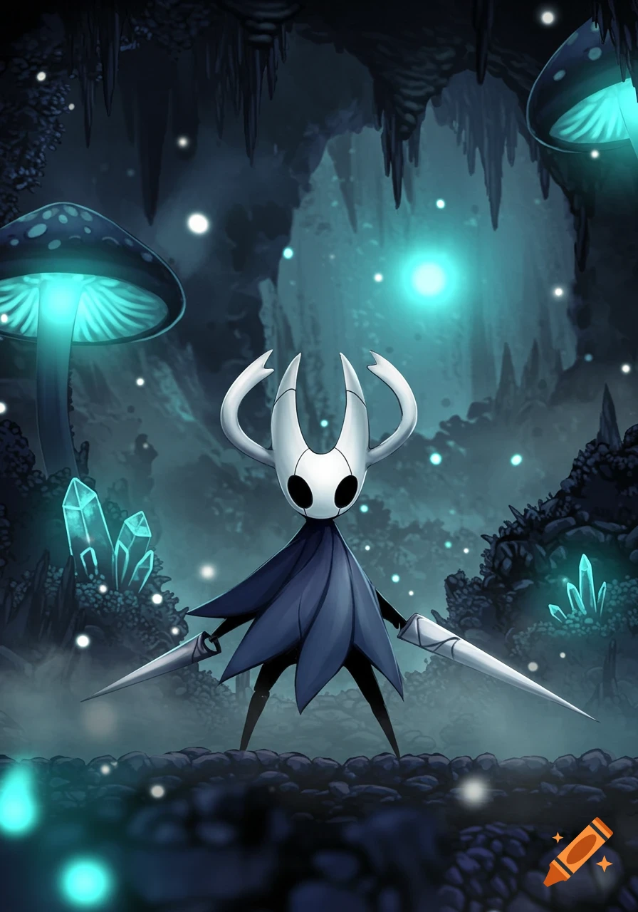 The Hollow Knight character stands in a dark, glowing fantasy cave with ...