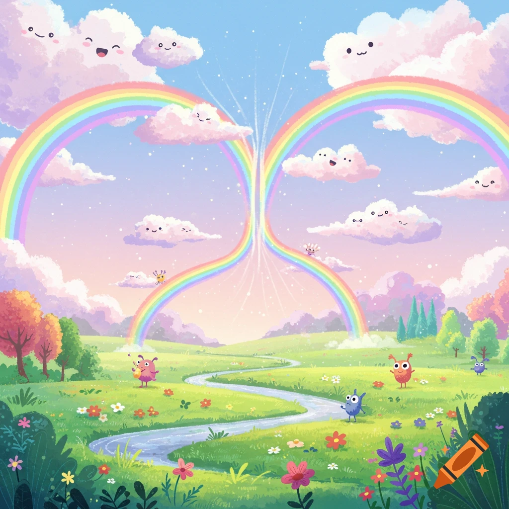 A vibrant cartoon fantasy landscape with smiling clouds, colorful ...