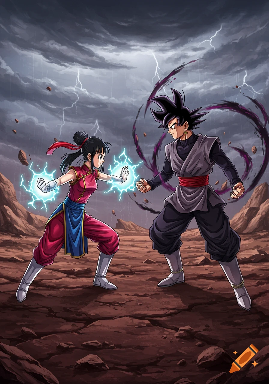 Anime illustration of Chi-Chi and Goku Black facing off with energy ...