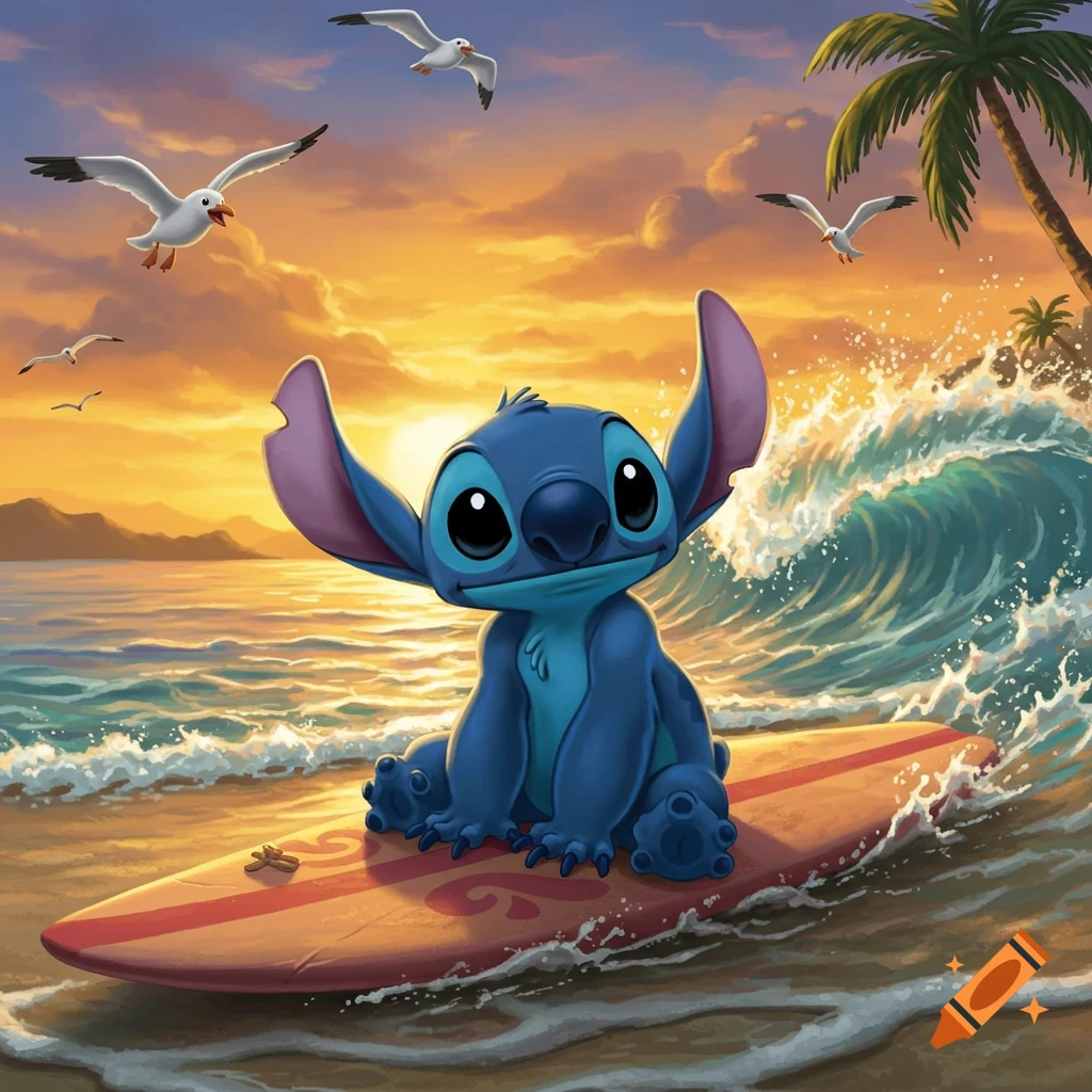 Stitch surfing on a surfboard in ocean waves at sunset with seagulls ...