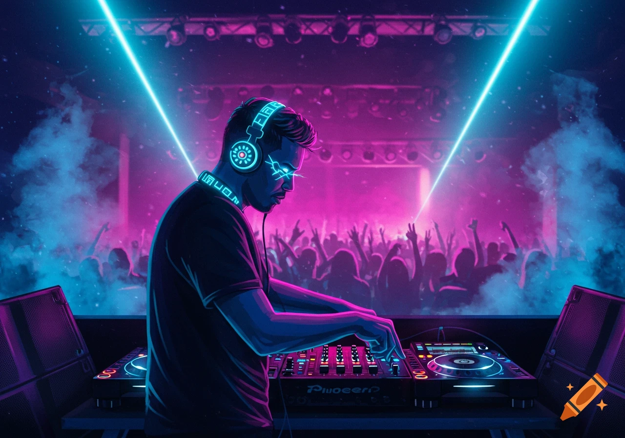 A colorful retro cassette tape with garbled text lies on a wooden table ...