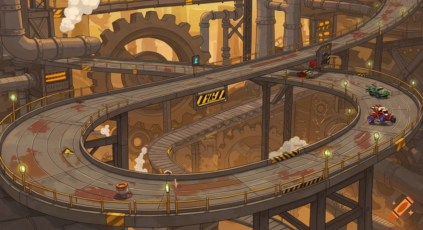 A cartoonish industrial race track with multiple karts racing on ...