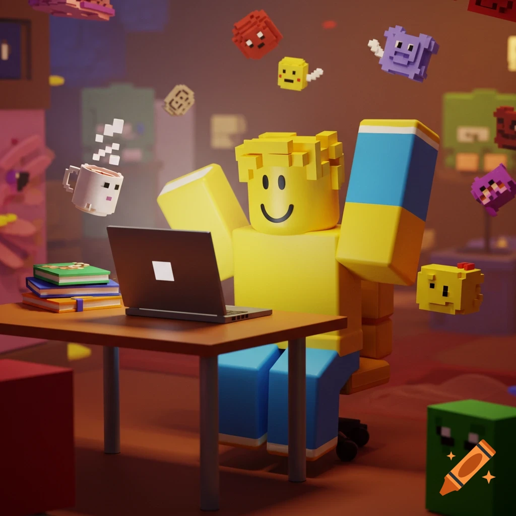 A 3D rendered Roblox Noob character stands holding a glowing blue ...