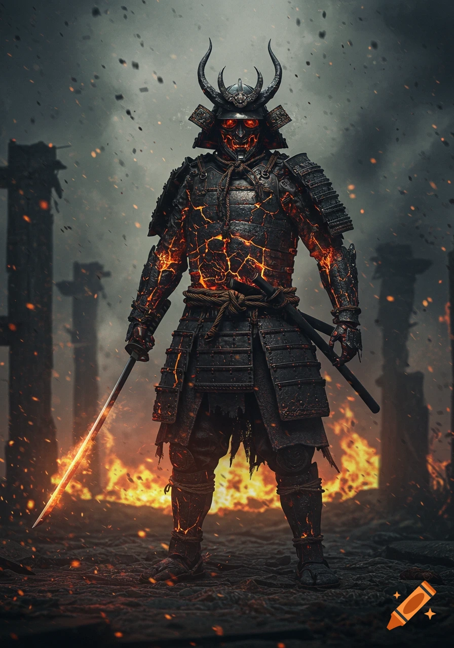 A molten samurai with glowing lava cracks and a horned helmet stands in ...