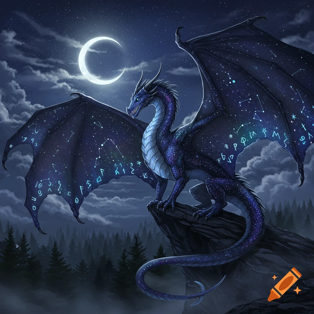 A dark blue dragon with glowing light blue horns and belly, translucent ...