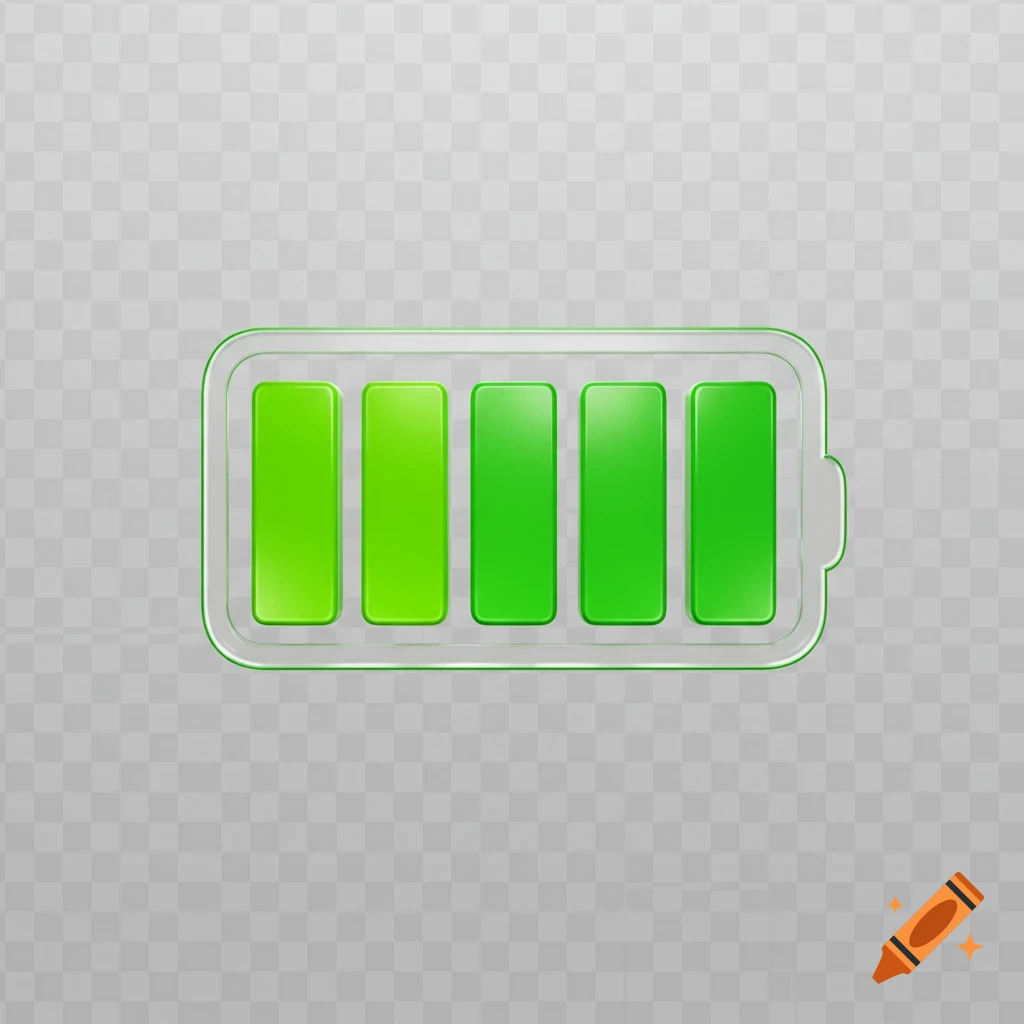 A vibrant green battery icon indicating a full charge with five green ...