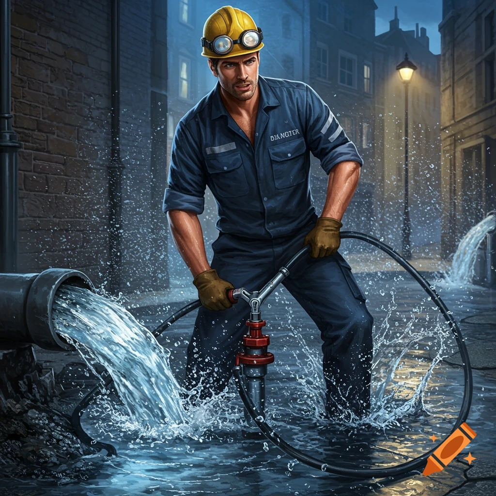 Photorealistic image of a plumber in a dark blue uniform and yellow ...