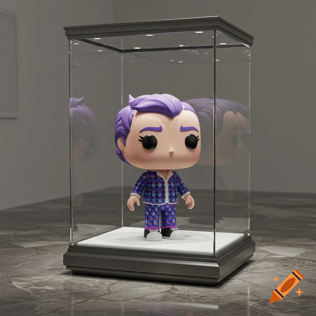 A purple-haired pop character figurine in a blue and white patterned ...
