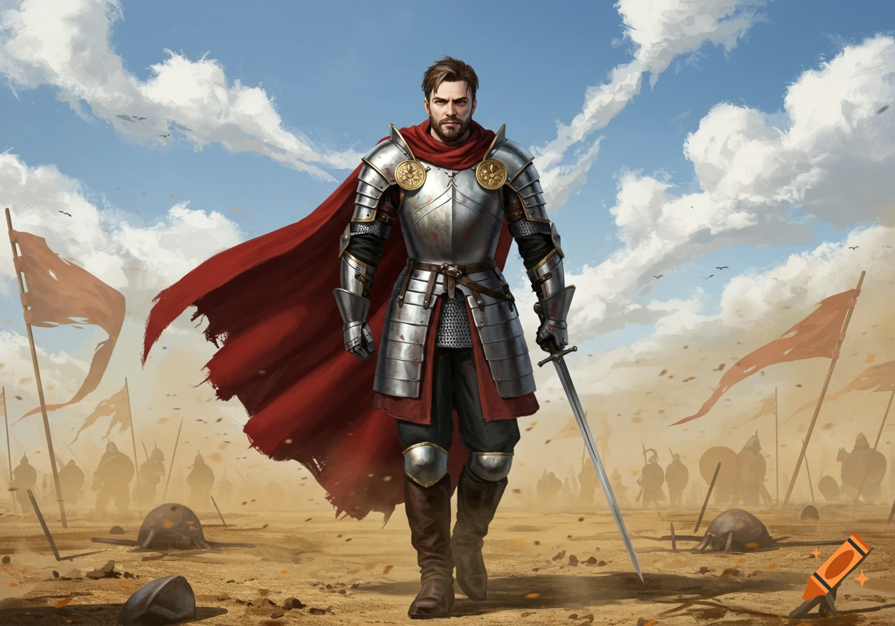 A determined knight in shining armor with a red cape stands on a dusty ...