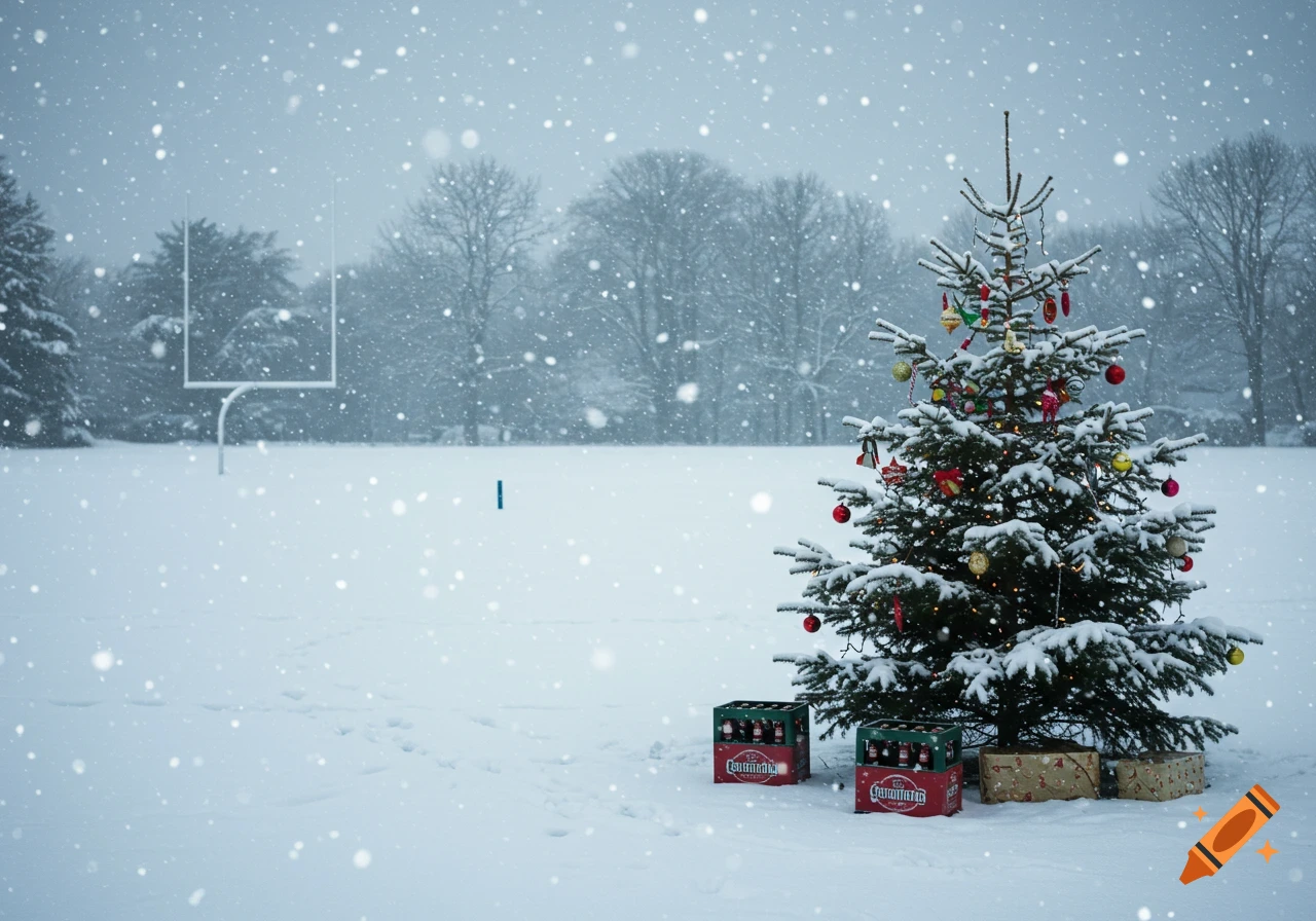 A snowy football field with an decorated Christmas tree, wrapped ...