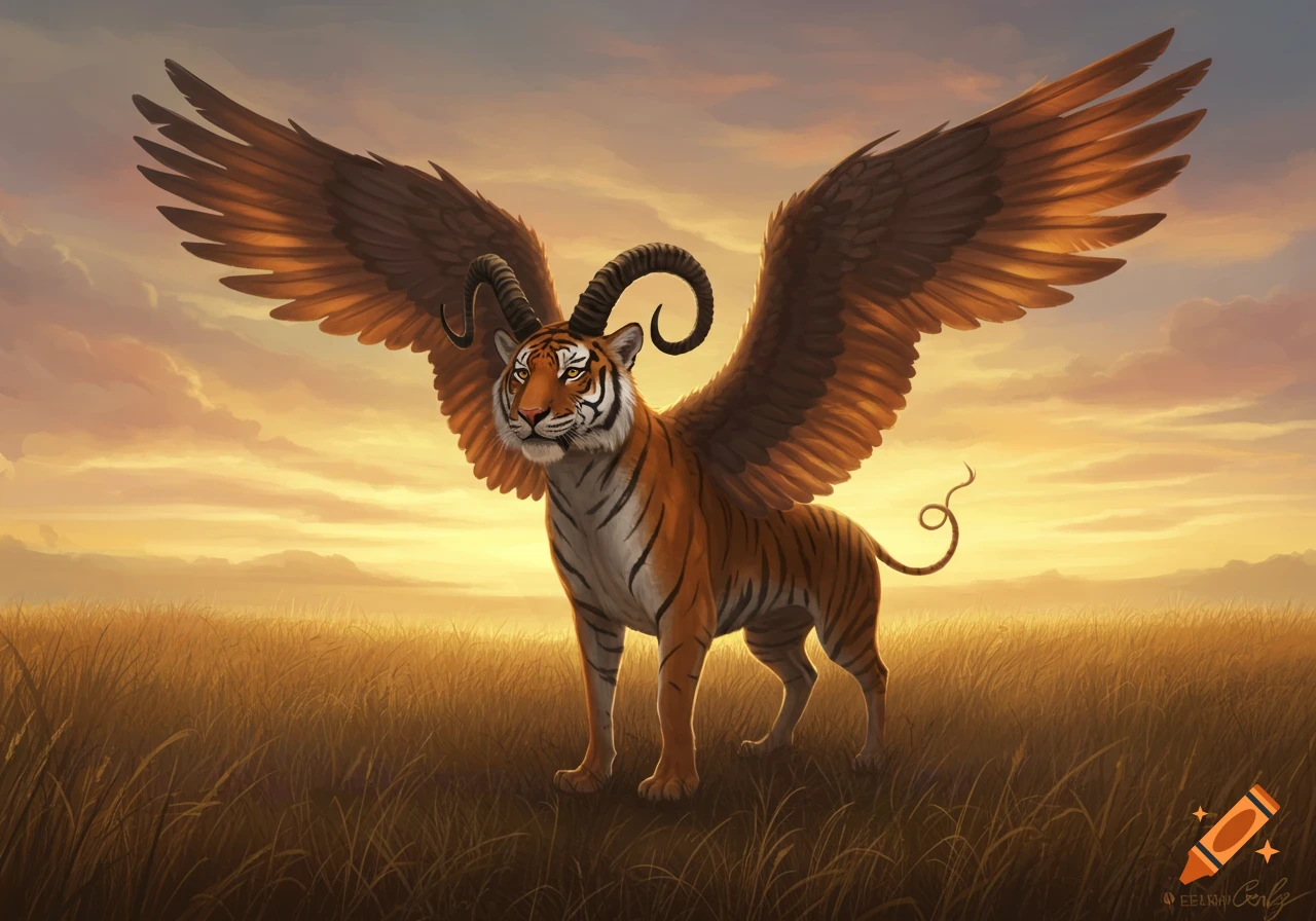 A majestic winged tiger with ram horns and a curly tail stands in a ...