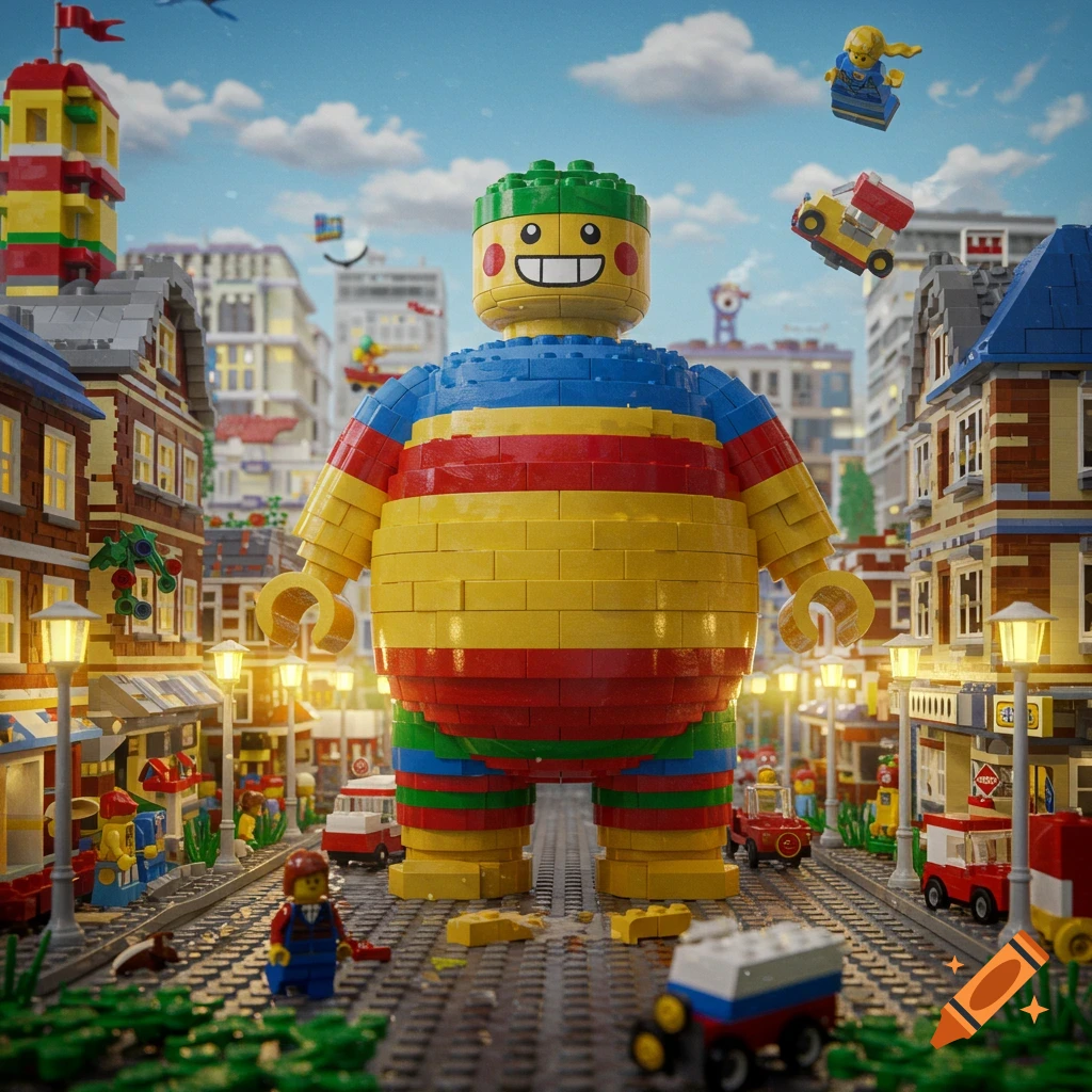 A huge, striped Lego figure stands in a photorealistic Lego city street ...