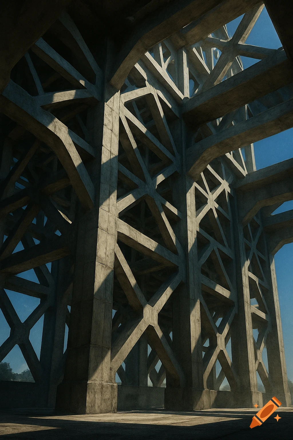 Low-angle view of a towering, complex concrete structure with ...