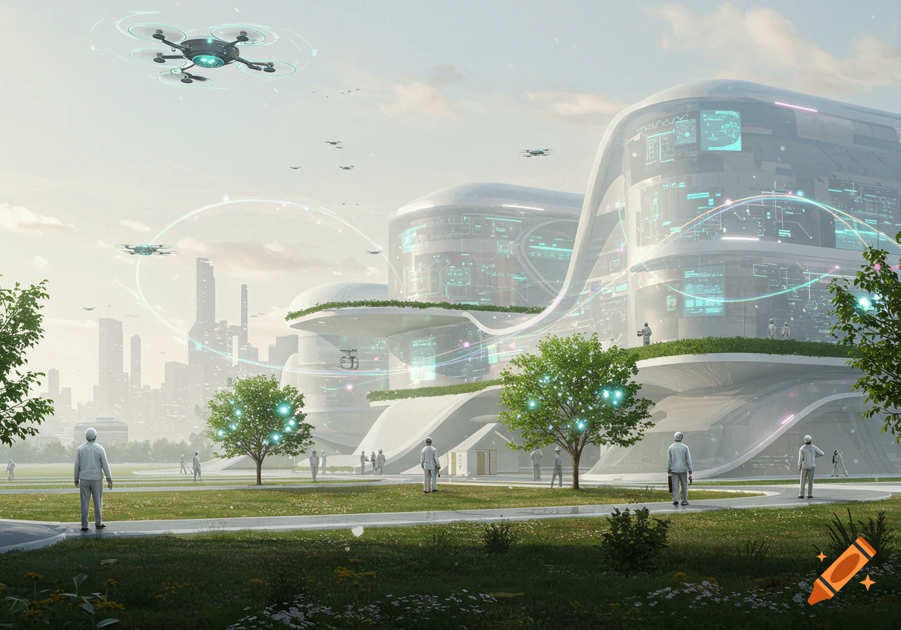 A bright, futuristic cityscape with sleek white buildings featuring ...