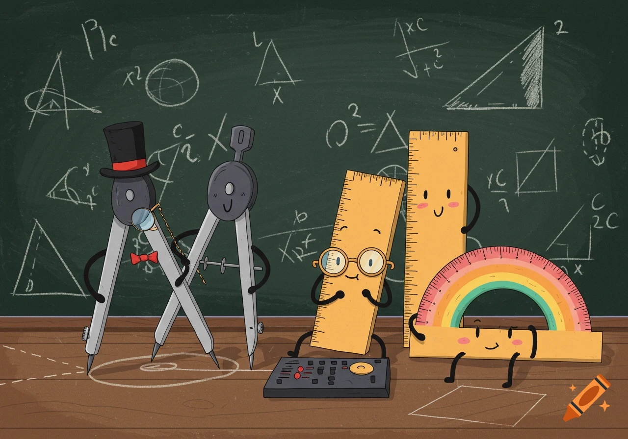 Cartoon geometric instruments on a table with a math-filled chalkboard ...