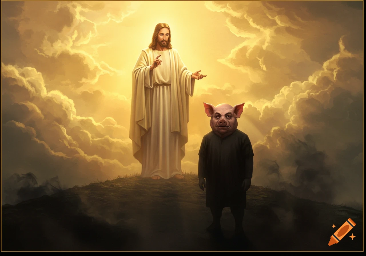 Jesus stands on a hill surrounded by golden clouds, gesturing towards a ...