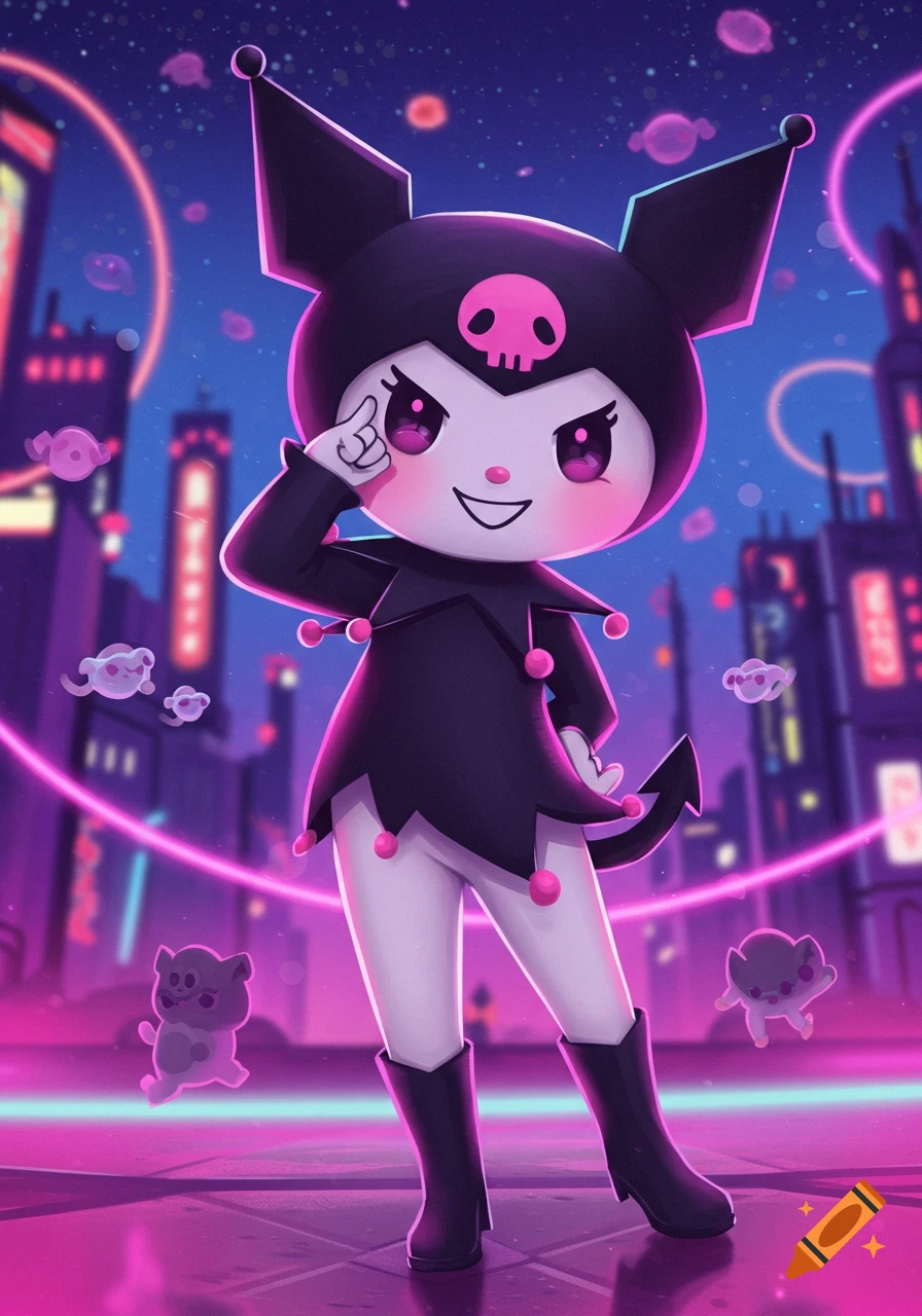 Kuromi in a black and pink outfit poses in a neon-lit futuristic city ...