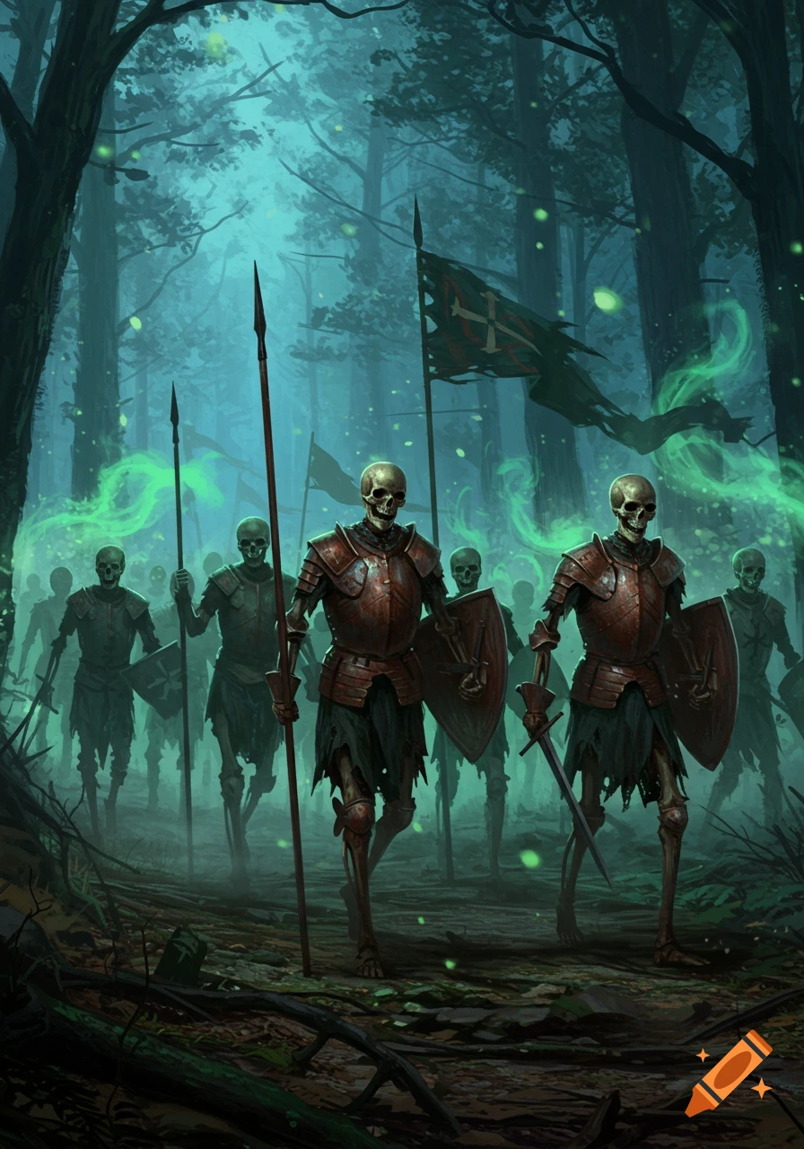 An army of armored skeletons with spears and shields marches through a ...