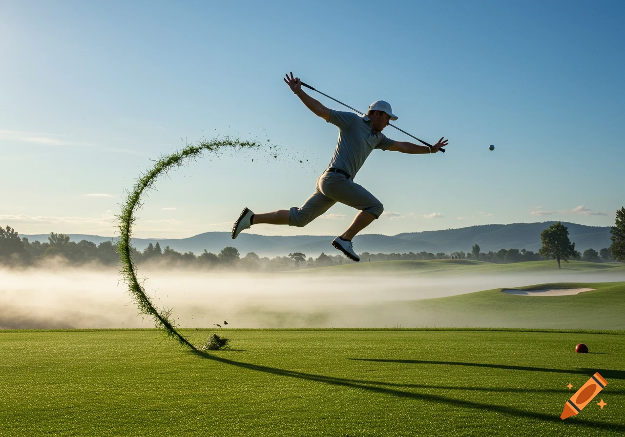 A man jumps mid-air during a golf swing, sending an arc of grass flying ...